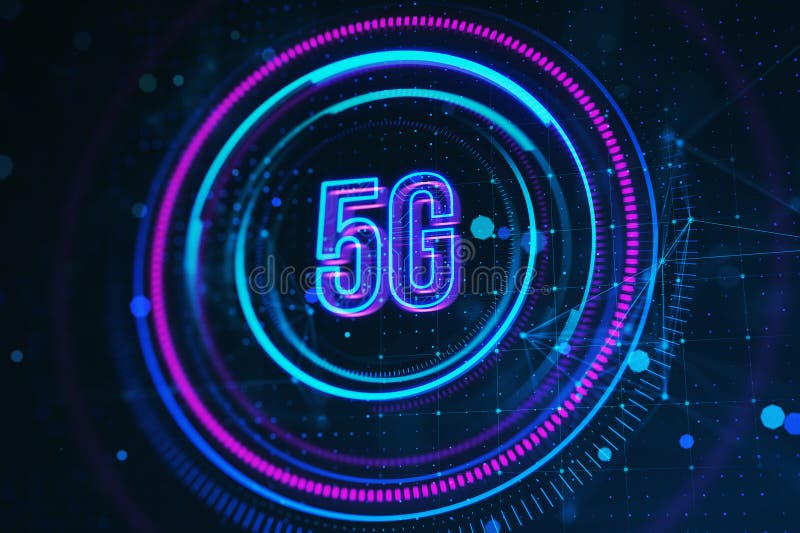 An Abstract Concept of 5G Network Technology with Glowing Neon Symbols ...