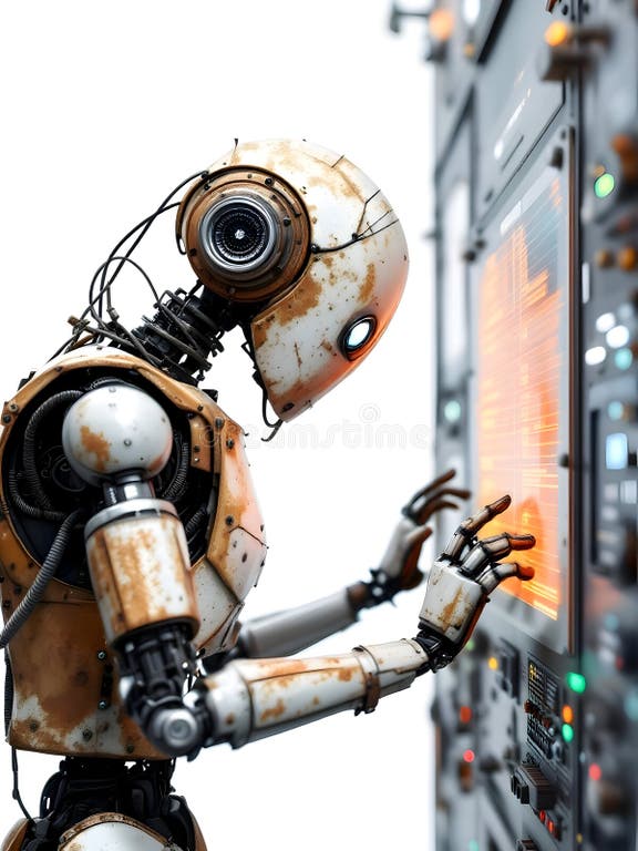 Abstract Concept of an Old Rusty Robot Working at a Console on White ...