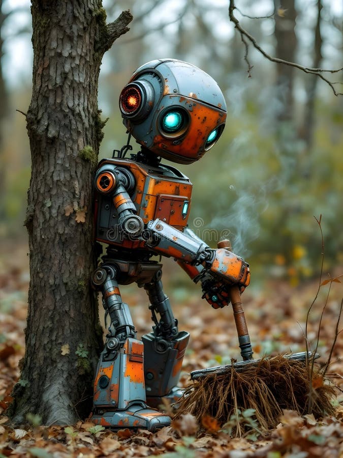 Abstract Concept of an Old Rusty Robot Working in Garden Cleaning and ...