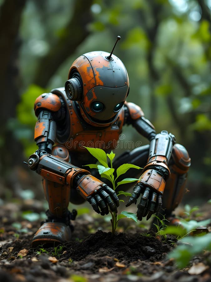 Abstract Concept of an Old Rusty Robot Working in Garden Cleaning and ...