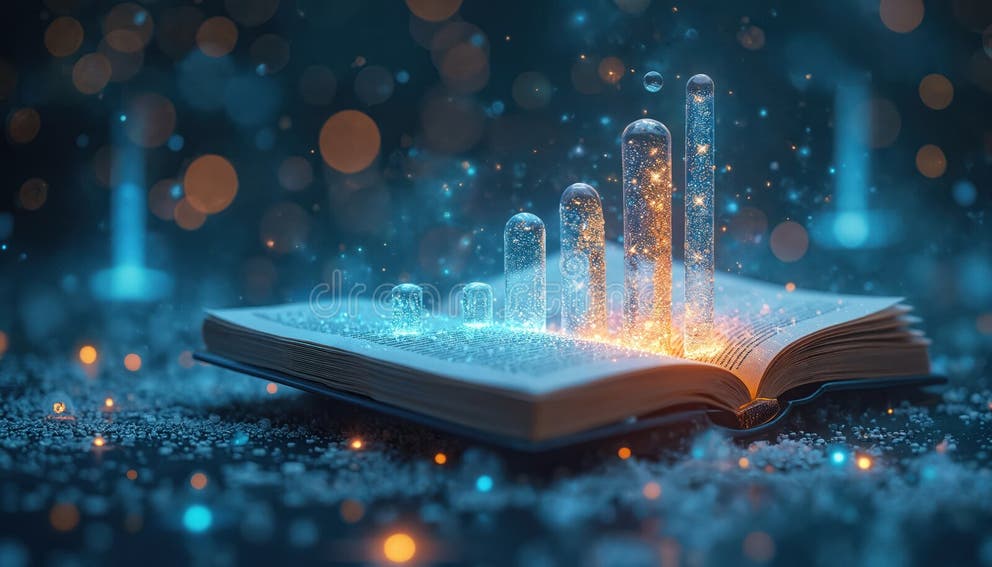 Abstract Concept of Scientific Growth, Visualized As Glowing Data Pillars Emerging from Open ...