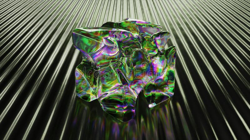 A Transparent Cube Stands on a Dark Ribbed Surface. Liquid Diamond ...
