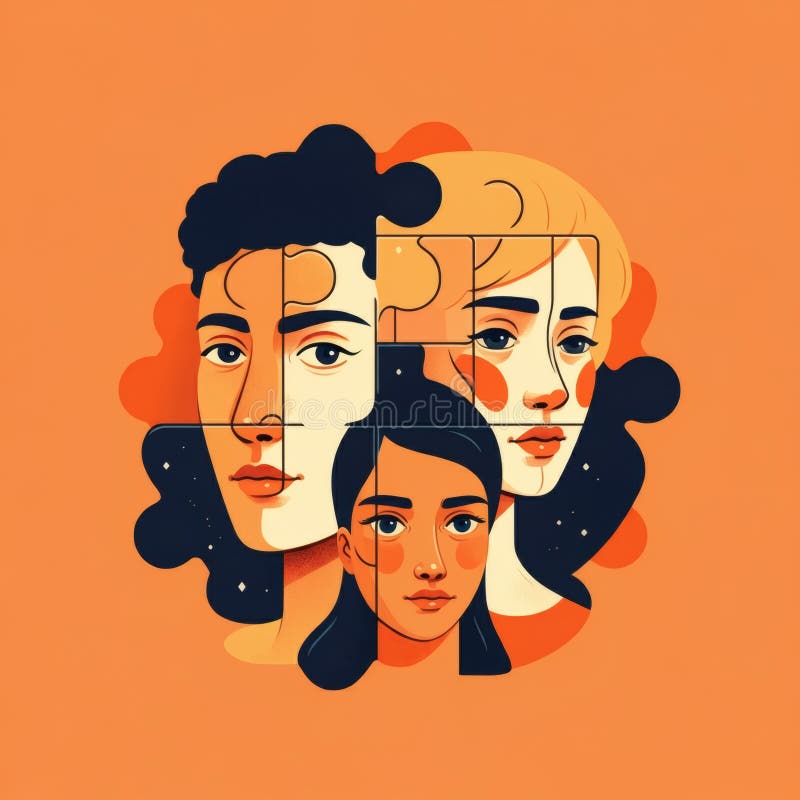 Abstract Conceptual Illustration of Interconnected Faces in a Geometric ...