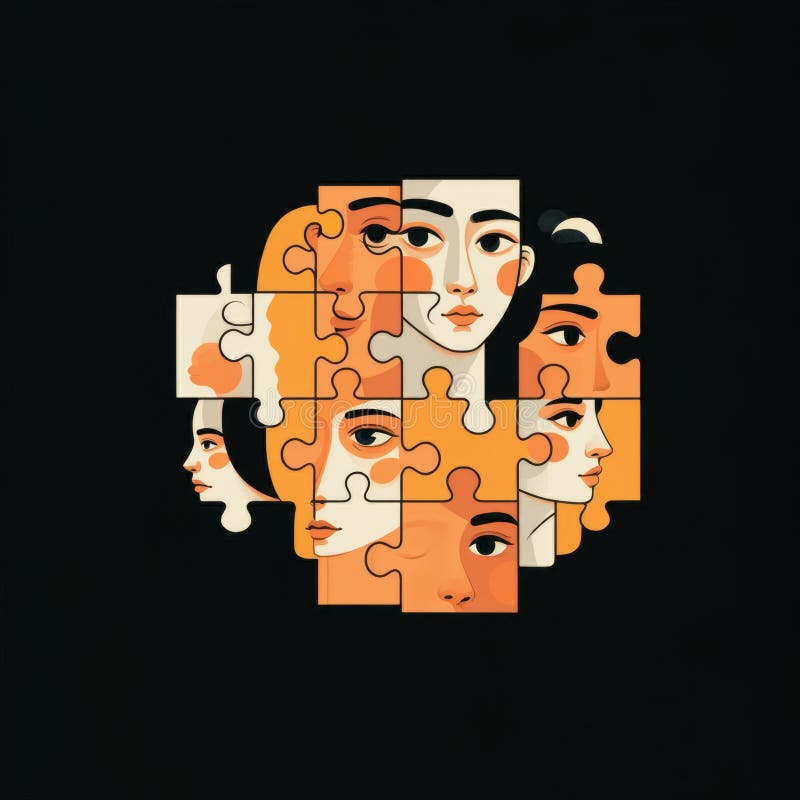 Abstract Conceptual Illustration of Interconnected Faces in a Geometric ...