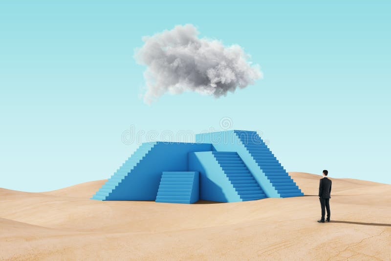 Abstract Conceptual Image of Woman Thinking with Blue Stairs Under ...