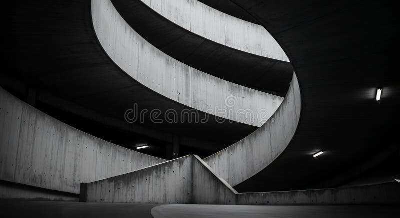 Abstract Concrete Architecture with Curved Ramps in Dark Parking Garage ...