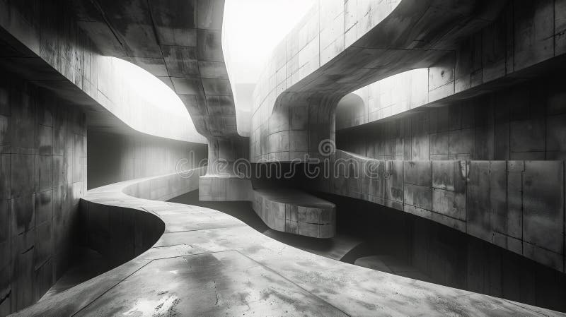 Abstract Concrete Architecture with Intertwining Paths in a Foggy ...