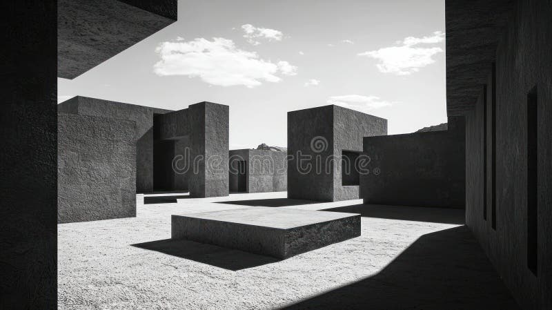 Abstract Concrete Building Exterior with Shadows in Black White Stock ...