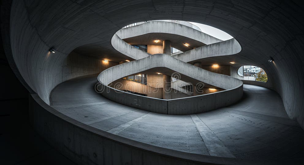 Abstract Concrete Architecture Spiral Ramp Interior with Unique Design ...
