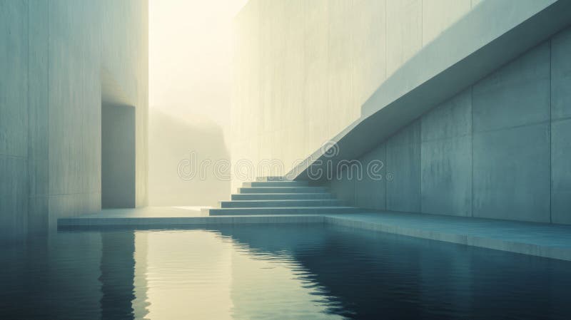 Abstract Concrete Architecture with Water and Fog Stock Illustration ...