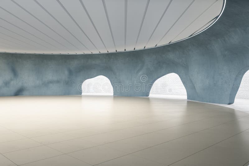 Abstract Concrete Cave Interior with Reflections on White Floor. Museum ...