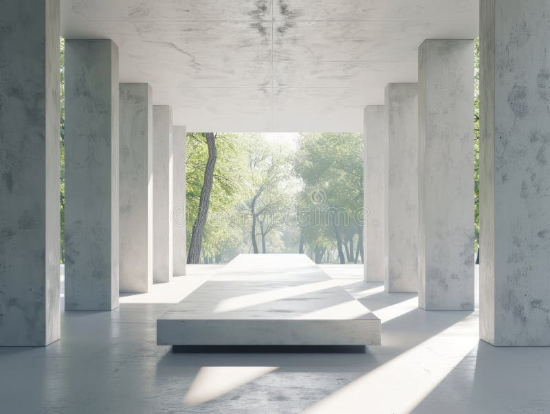 Abstract Concrete Interior with Columns and Sunlight. 3D Rendering ...