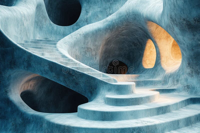 Abstract Concrete Structure with Stairs and Cave-like Openings, Lit by ...
