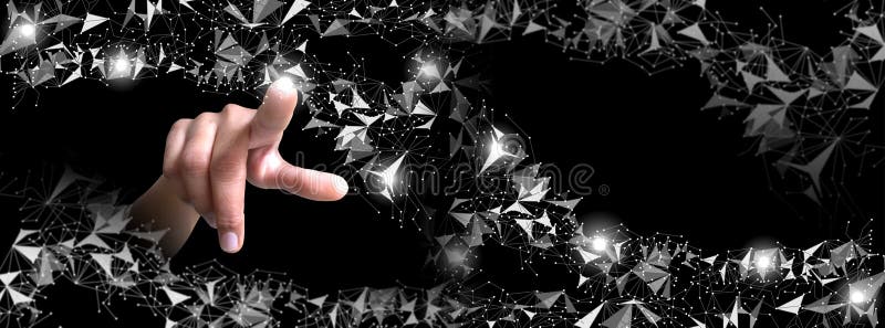 Abstract Connection a Hand Clicks on a Network of Connections. Network ...
