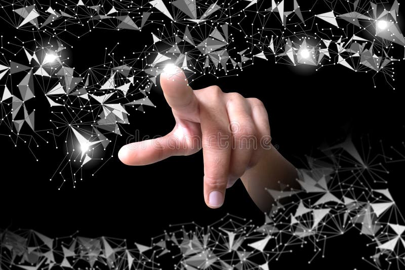 Abstract Connection a Hand Clicks on a Network of Connections. Network ...