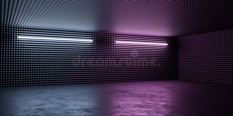 Abstract Conrete Basement Hall with Metallic Walls with Neon Lighting ...