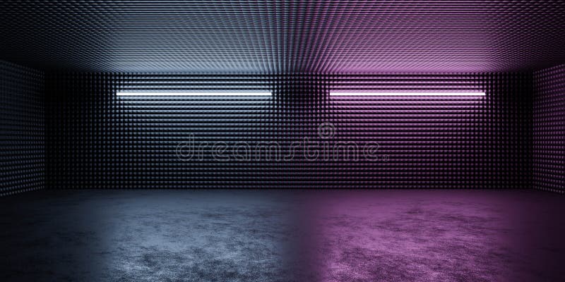 Abstract Conrete Basement Hall with Metallic Walls with Neon Lighting ...