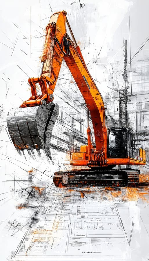 Abstract Construction Site Collage Featuring Excavator and Plans in ...