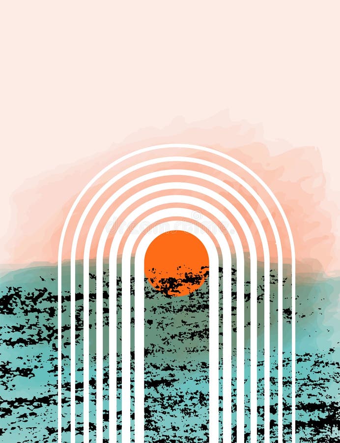 Abstract Contemporary Vector Background with Rainbow, Sun, Rays. Sea ...