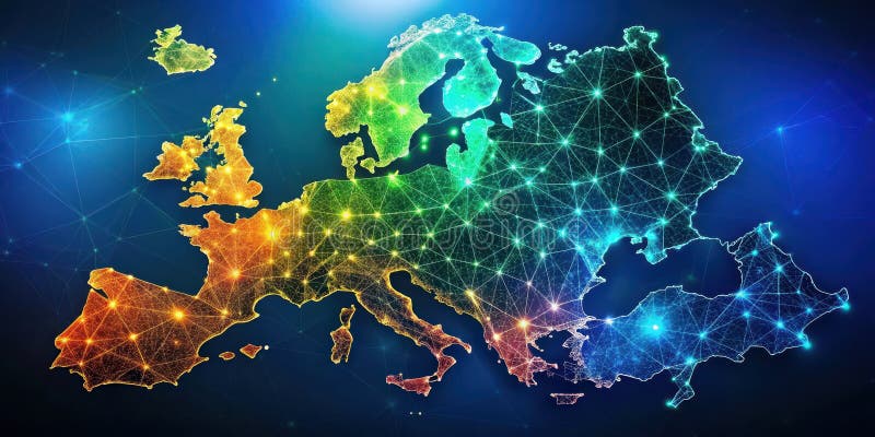 Abstract Continent Map with Illuminated Connections and Nodes ...
