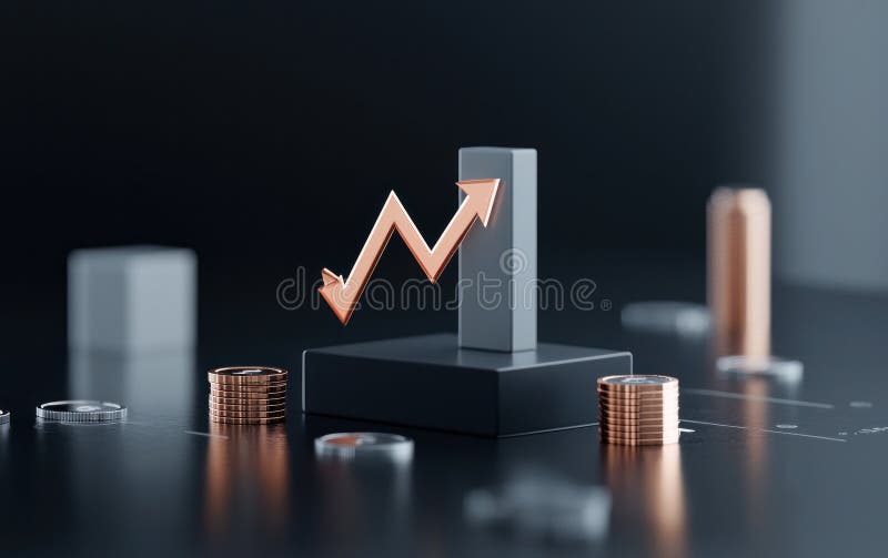 Abstract Copper Arrow Graph Rising Above Dark Gray Geometric Shapes ...