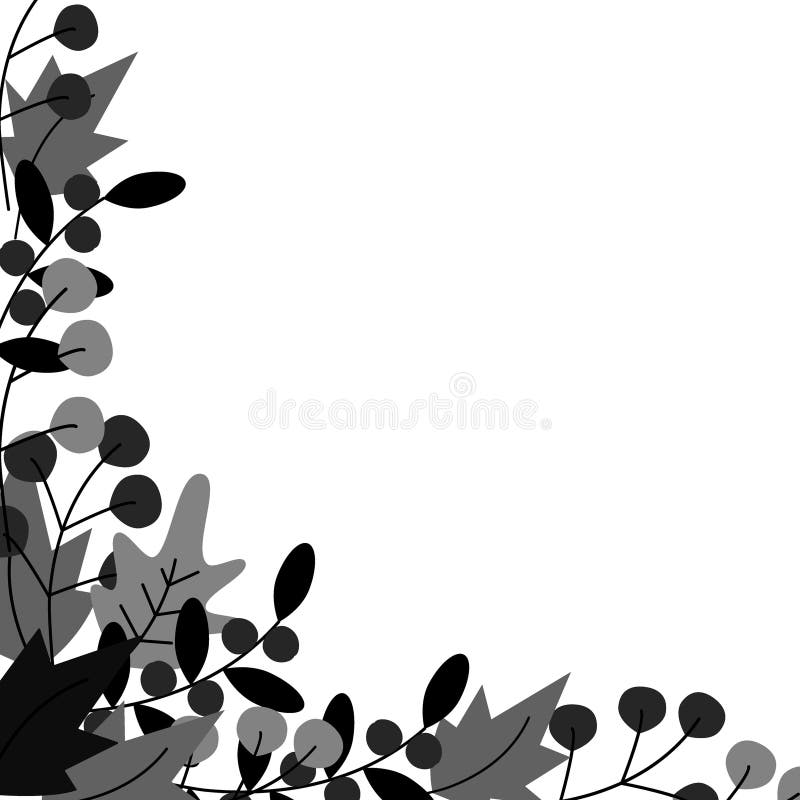 Abstract Corner Frame Border of Twigs and Leaves in Grayscale. Copy ...