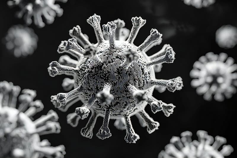 Of an Abstract Coronavirus on a Black Background in Grayscale. the ...