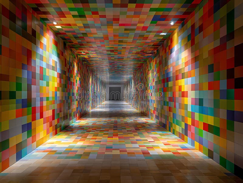 Colorful Abstract Corridor with Vibrant Tiled Walls and Illuminated ...