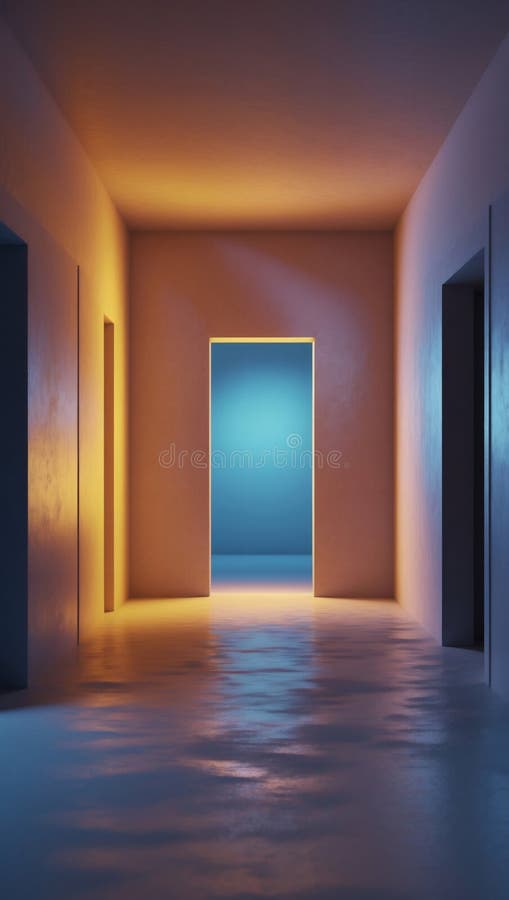 Abstract Corridor Illuminated by Cool and Warm Light, Doors on Each ...