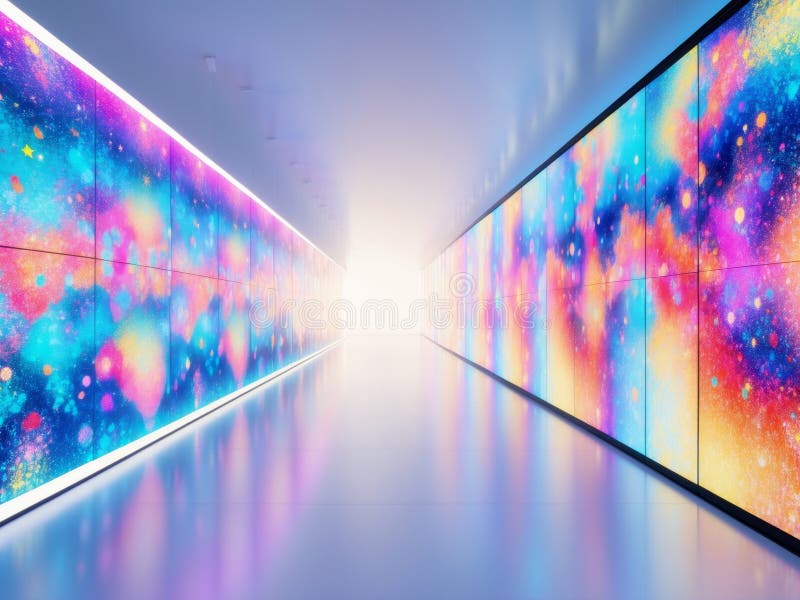 Abstract Corridor with Light at the End, Featuring Colorful Display ...