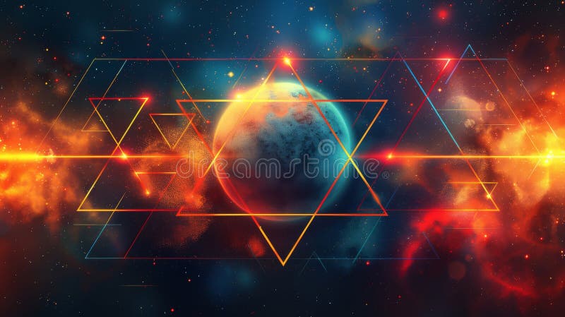 Abstract Cosmic Art Featuring Glowing Planet Surrounded by Triangular ...