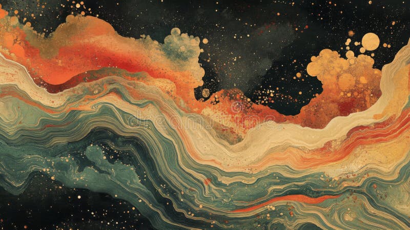 Abstract Cosmic Art with Wavy Marble Texture and Gold Accents Stock ...