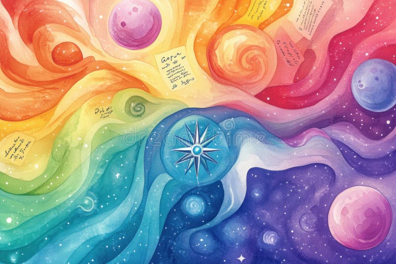 Abstract Cosmic Artwork with Colorful Galaxies, Planets, and Compass ...