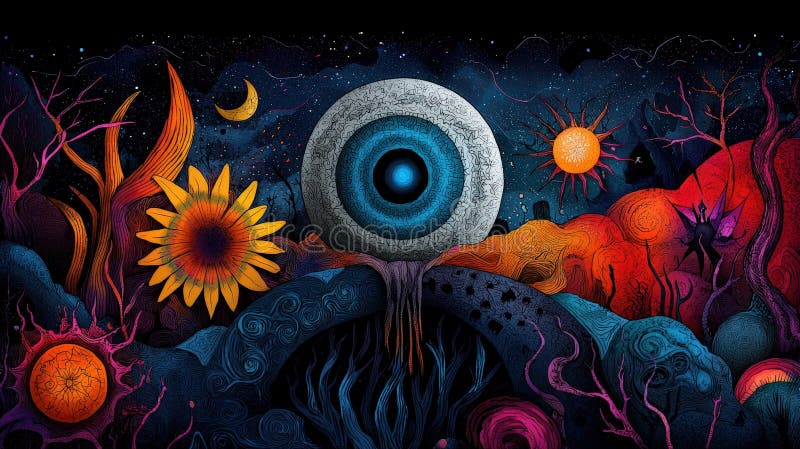 Abstract Cosmic Artwork Featuring Colorful Sun Moon and Eye Motifs ...