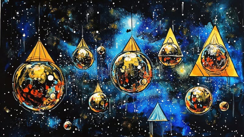 Abstract Cosmic Artwork Featuring Geometric Shapes and Celestial ...