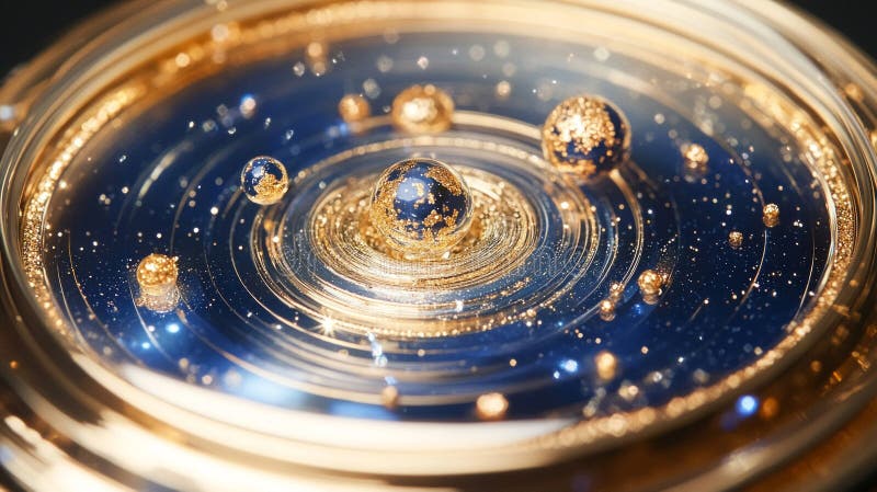 Abstract Cosmic Artwork: Gold and Blue Planets in a Spiral Galaxy Stock ...