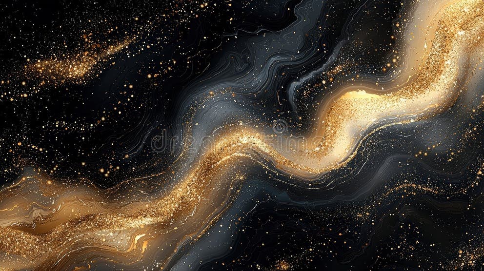 Abstract Cosmic Background with Swirling Black Gold and Silver Patterns ...