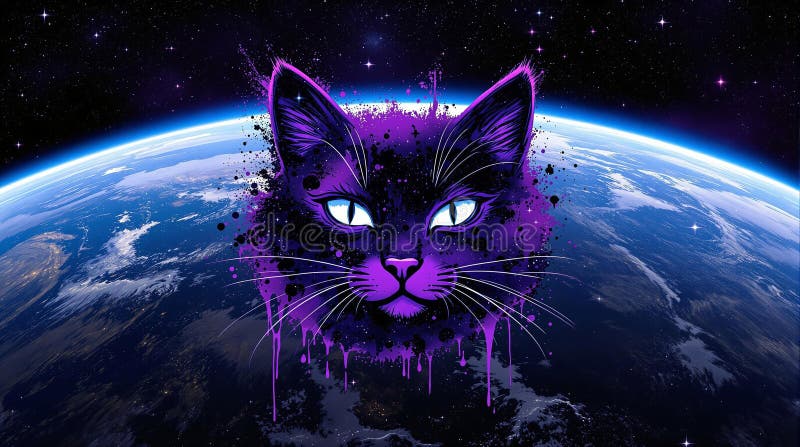 Abstract Cosmic Cat Overlooking Earth with Splattered Neon Effect Stock ...