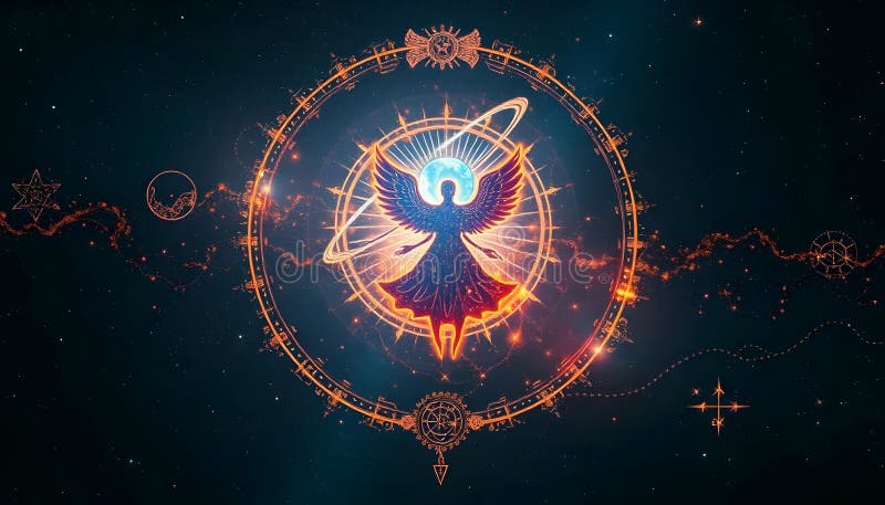 Abstract Cosmic Figure Surrounded by Glowing Symbols and Celestial ...