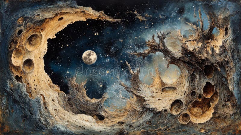 Abstract Cosmic Landscape with Crescent Moon and Stars Stock ...