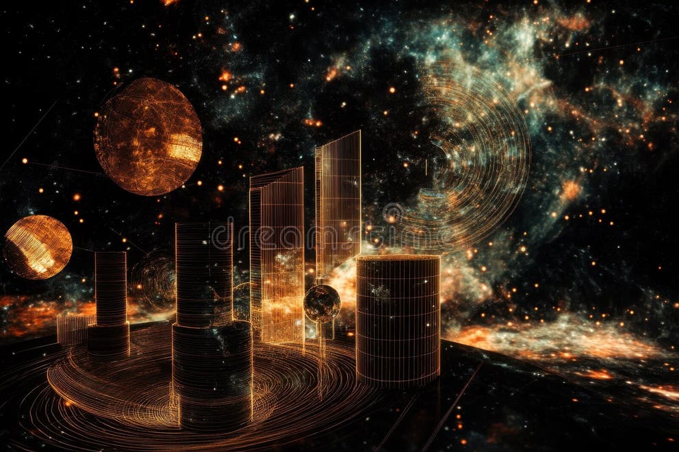 Abstract Cosmic Landscape Featuring Glowing Structures and Celestial Bodies in Dark Space Stock ...