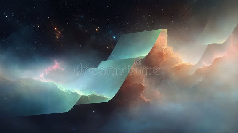 Abstract Cosmic Landscape Featuring Layered Shapes and Ethereal Colors ...