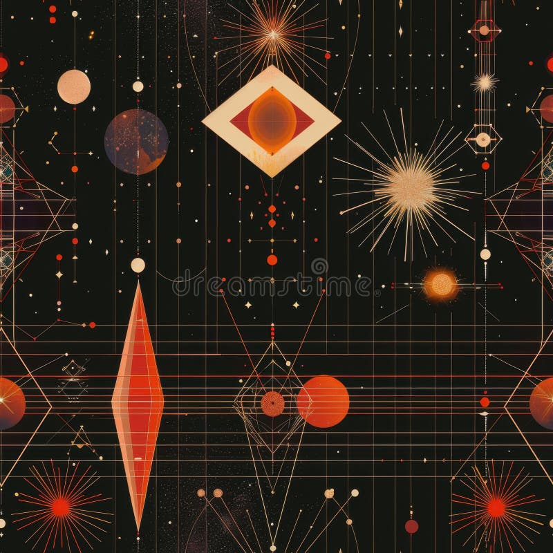 Abstract Cosmic Landscape with Geometric Shapes and Celestial Bodies ...