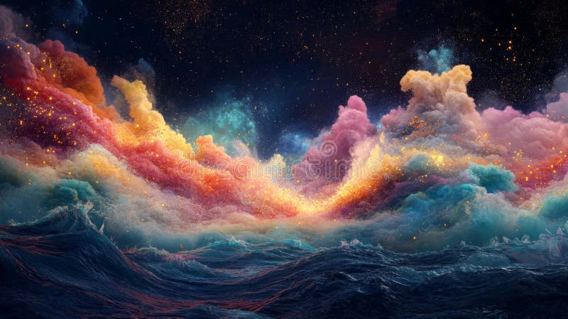 Abstract Cosmic Landscape with Glowing Clouds and Stars Stock ...