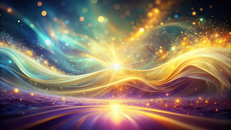 Abstract Cosmic Landscape with Glowing Waves and Sparkling Particles ...