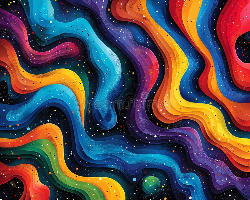 Abstract Cosmic Landscape with Multicolored Wavy Lines and Speckled ...