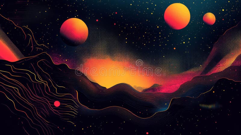Abstract Cosmic Landscape with Orange Planets and Pixelated Mountains ...
