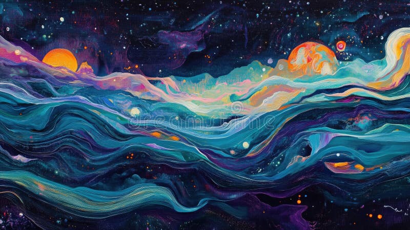 Abstract Cosmic Landscape Vibrant Waves Celestial Bodies Deep Space ...