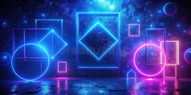 Abstract Cosmic Neon Geometry Backdrop Featuring Glowing Shapes and a ...