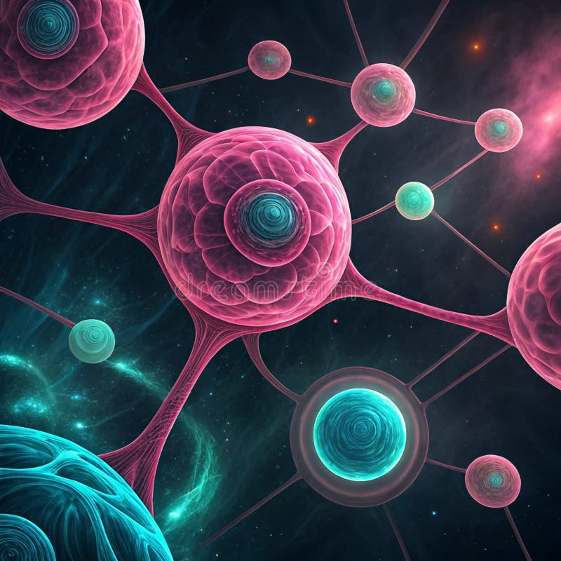 Abstract Cosmic Network: Interconnected Glowing Spheres. Pink and Teal ...